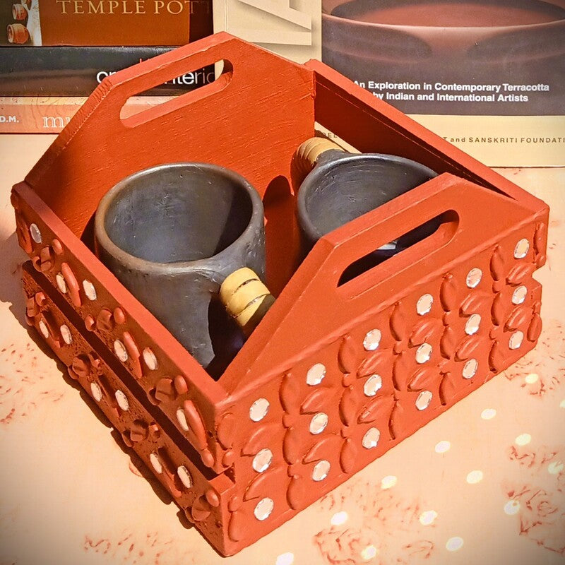 Pine Wood & MDF Lippan Mud & Mirror Work Hamper Tray – Terracotta by Sachii