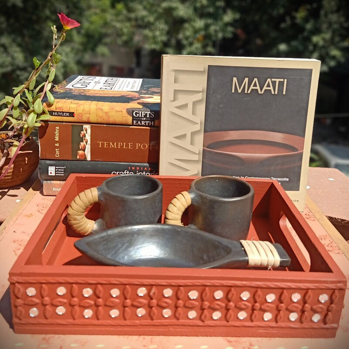 Pine Wood & MDF Lippan Mud & Mirror Work Tray – Terracotta by Sachii